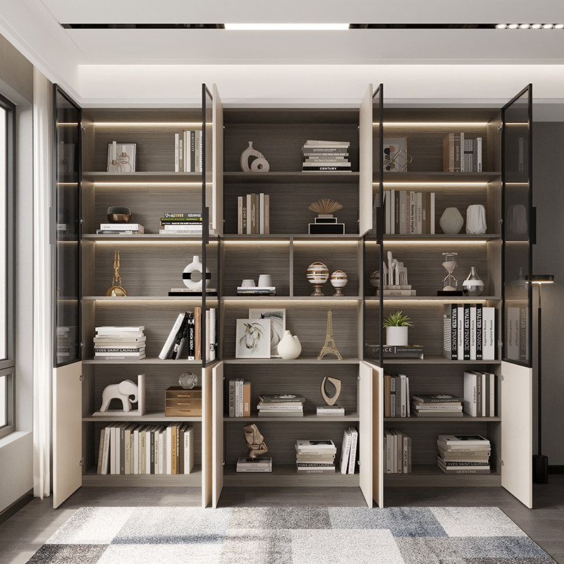 现代轻奢家用书架办公室客厅实木书柜一体整墙到顶书房储物柜定制_虎窝淘