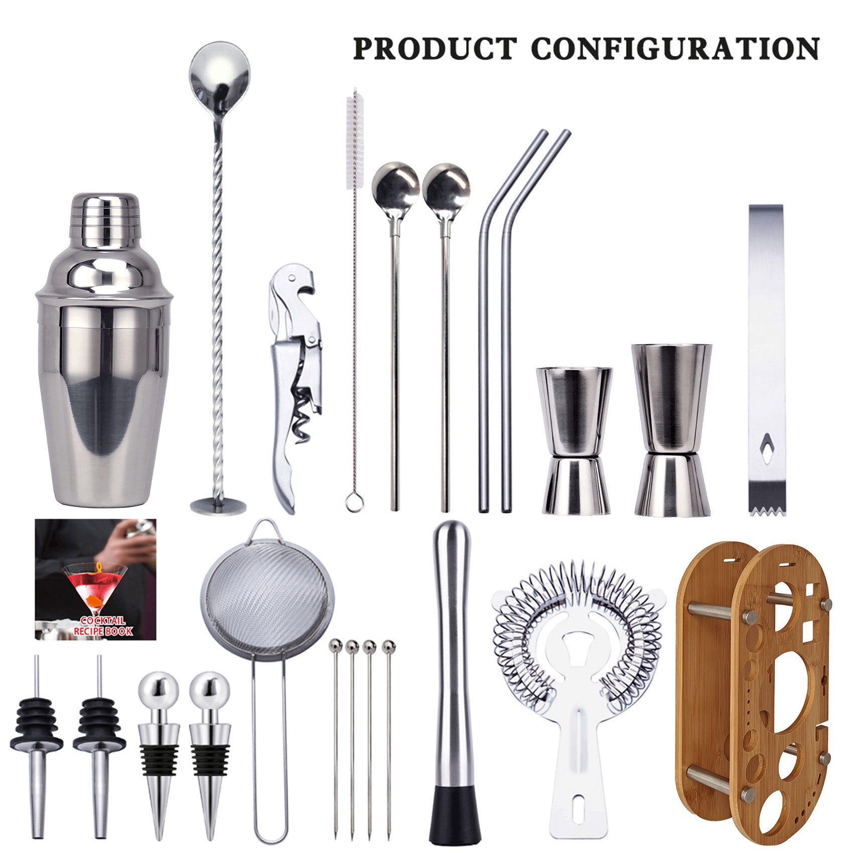 新款入门级不锈钢调酒器23件套波士顿鸡尾酒调制工具三段摇壶全套_虎窝淘