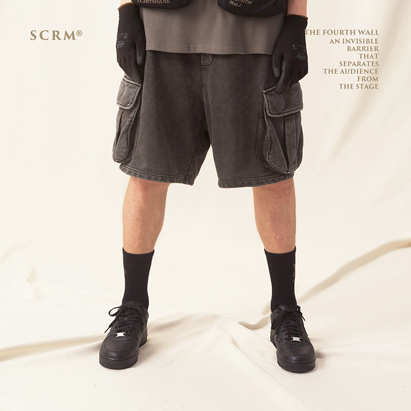 SCRM"THE FOURTH WALL"夏季复古洗水工装短裤男士宽松情侣五分裤_虎窝淘