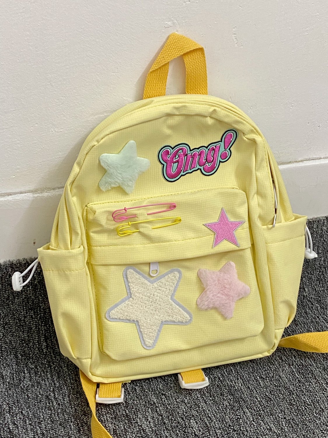 kaka自制校园甜辣妹奶黄色星星书包粉白撞色可爱质感大容量双肩包_虎窝淘