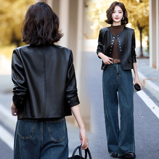 Black small leather jacket for women 2024 autumn new short pu leather ...