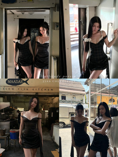 Lattitude/Yang Xiaolu Vivian plaid drawstring eyelash lace fake two ...