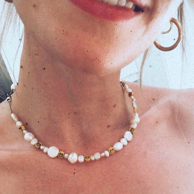 GGXR巴洛克珍珠项链黄色笑脸项链设计感日韩ins锁骨链白百合同款_虎窝淘