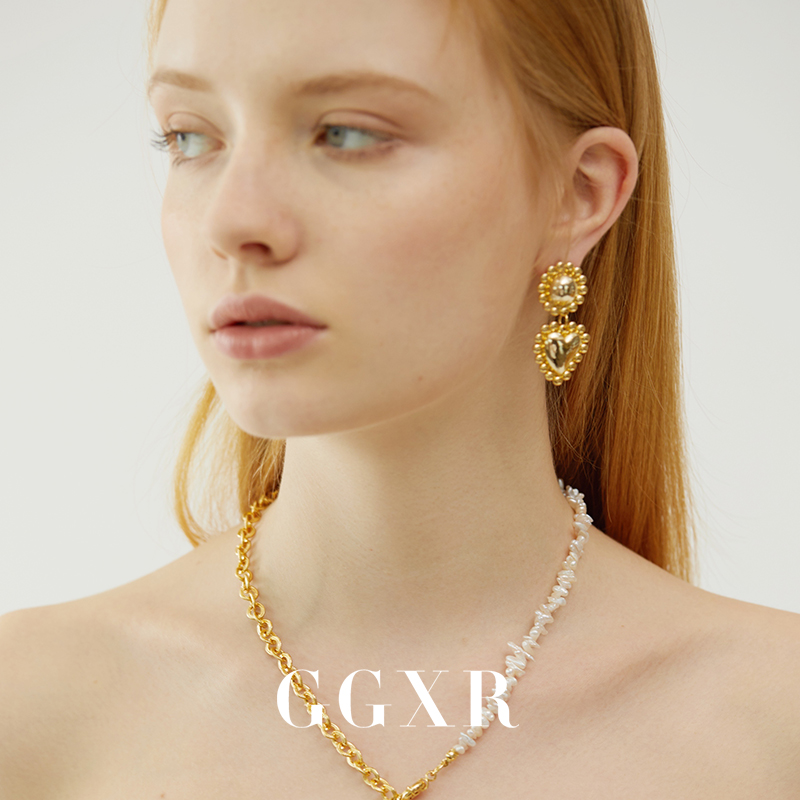 GGXR欧美复古金色立体光面爱心耳钉耳夹个性气质耳饰宋妍霏_虎窝淘