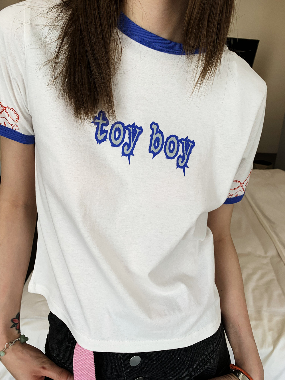 PTOY*现货 TOY BOY荆棘印花拼色撞色设计修身Y2K辣妹短袖HEAVEN_虎窝淘