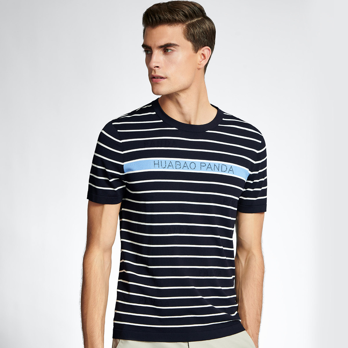 【精致商务】CANUDILO/卡奴迪路镶钻时尚条纹短t男士针织短袖T恤_虎窝淘