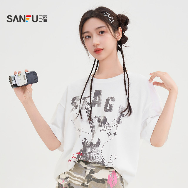 Sanfu short-sleeved T-shirt 2025 new summer personality chic printed ...