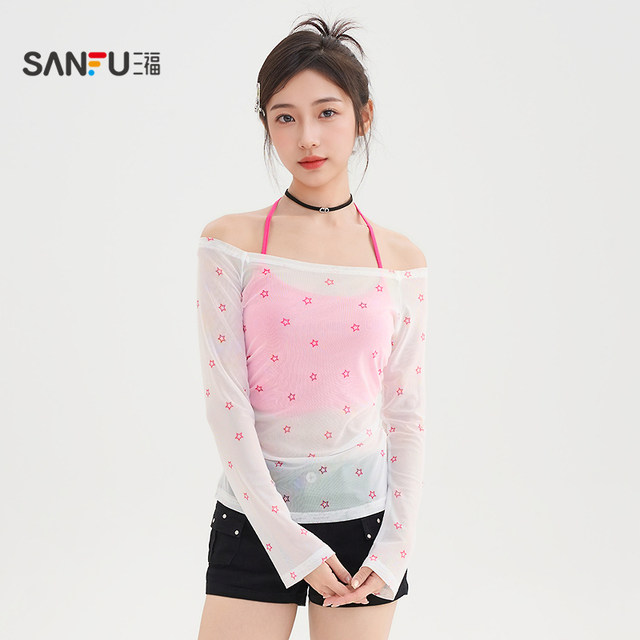 Sanfu Long Sleeve T-shirt 2025 Summer Pleated Print Thin Translucent ...