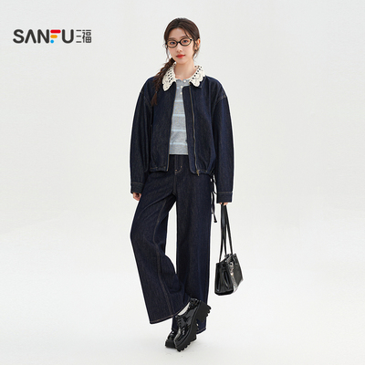 三福牛仔长裤2025新款冬季磨毛阔腿裤复古深色宽松裤子女装512304