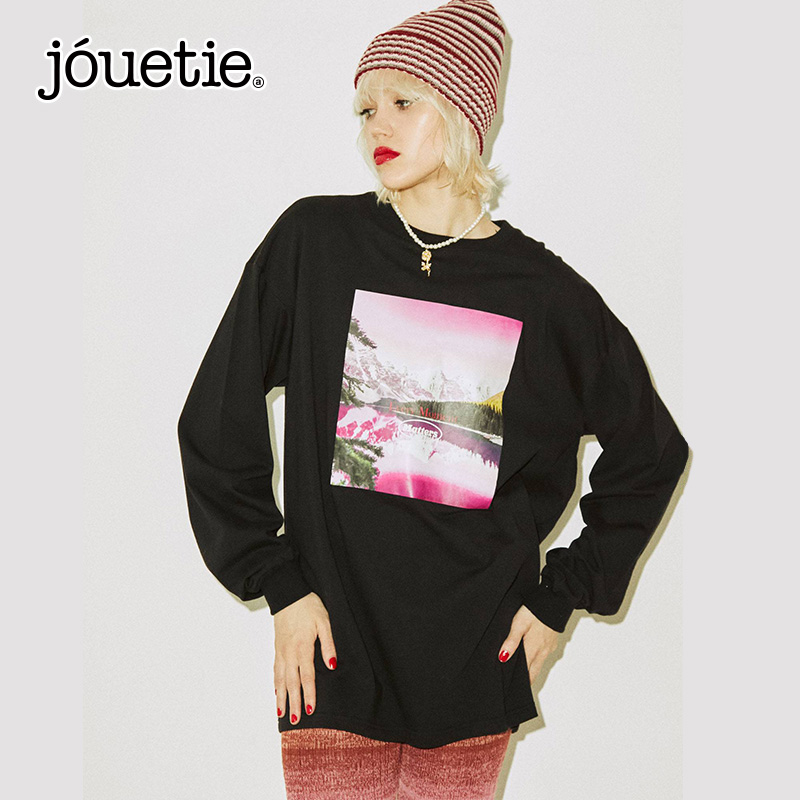 jouetie日系潮牌新款黑色圆领T恤宽松印花长袖上衣夏女高级感T恤_虎窝淘