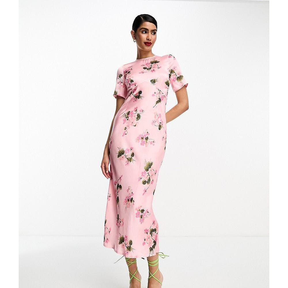 香港直邮潮奢 ASOS女士设计缎面中长茶色后绑带玫瑰花朵连衣裙(s_虎窝淘