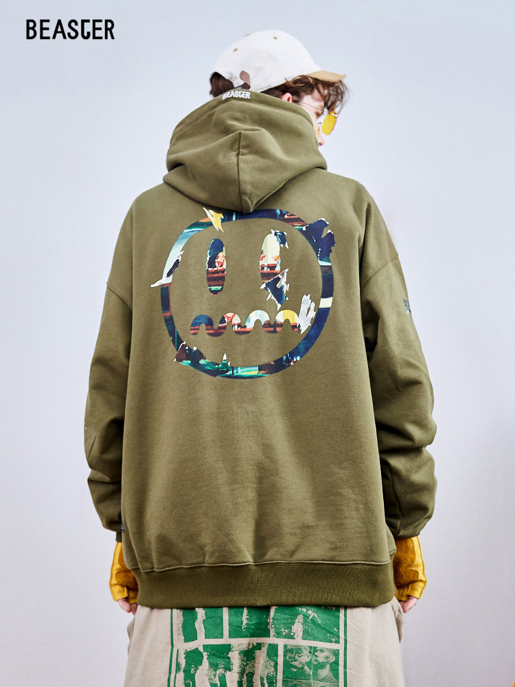 BEASTER小恶魔鬼脸春秋款油画连帽卫衣男国潮牌情侣款复古套头衫_虎窝淘