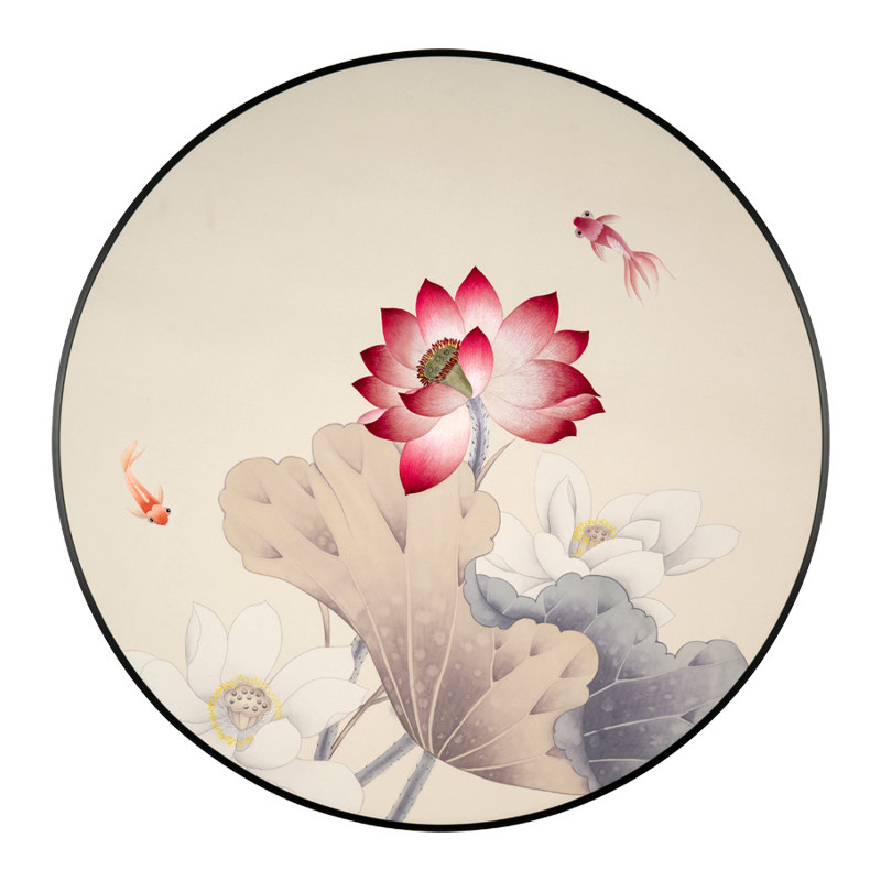 新中式手工苏绣荷韵红荷清荷圆形玄关过道沙发背景墙装饰挂画定制_虎窝淘