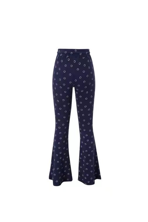 Minjiena韩国小众设计蓝色笑脸喇叭裤运动休闲裤显瘦显腿长_虎窝淘