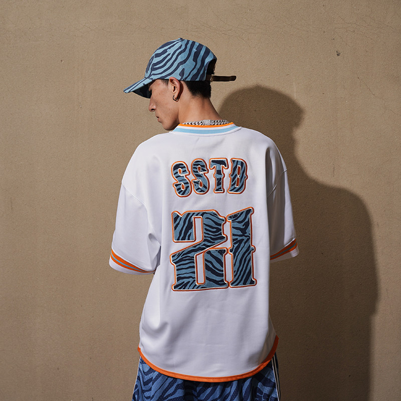 SSTD春夏新款美式嘻哈蓝血虎纹迷彩重磅球衣棒球短袖男女情侣款_虎窝淘