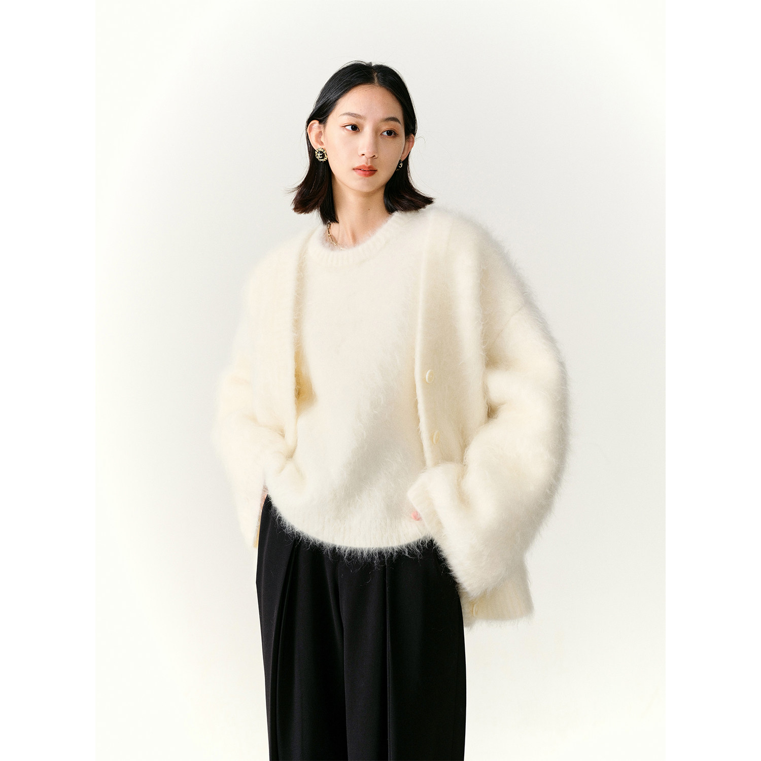 MRS Studios氛围感72%Super Mohair马海毛背心丰盈毛感慵懒大开衫_虎窝淘