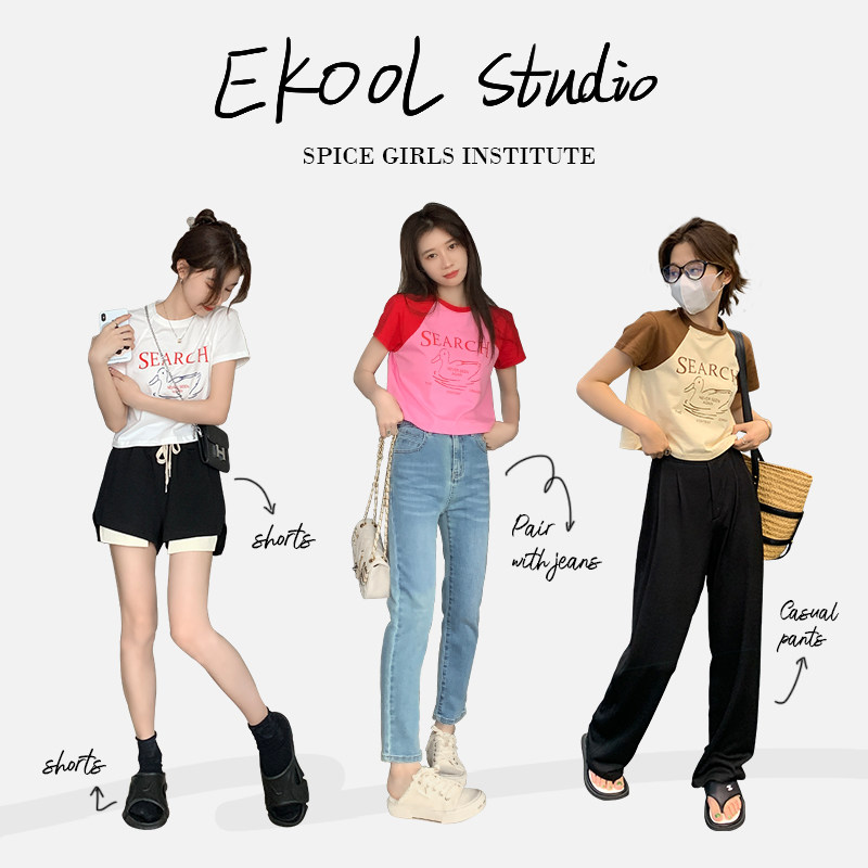 EKOOL定制撞色卡通字母印花短袖T恤女夏韩版百搭显瘦短款圆领上衣_虎窝淘