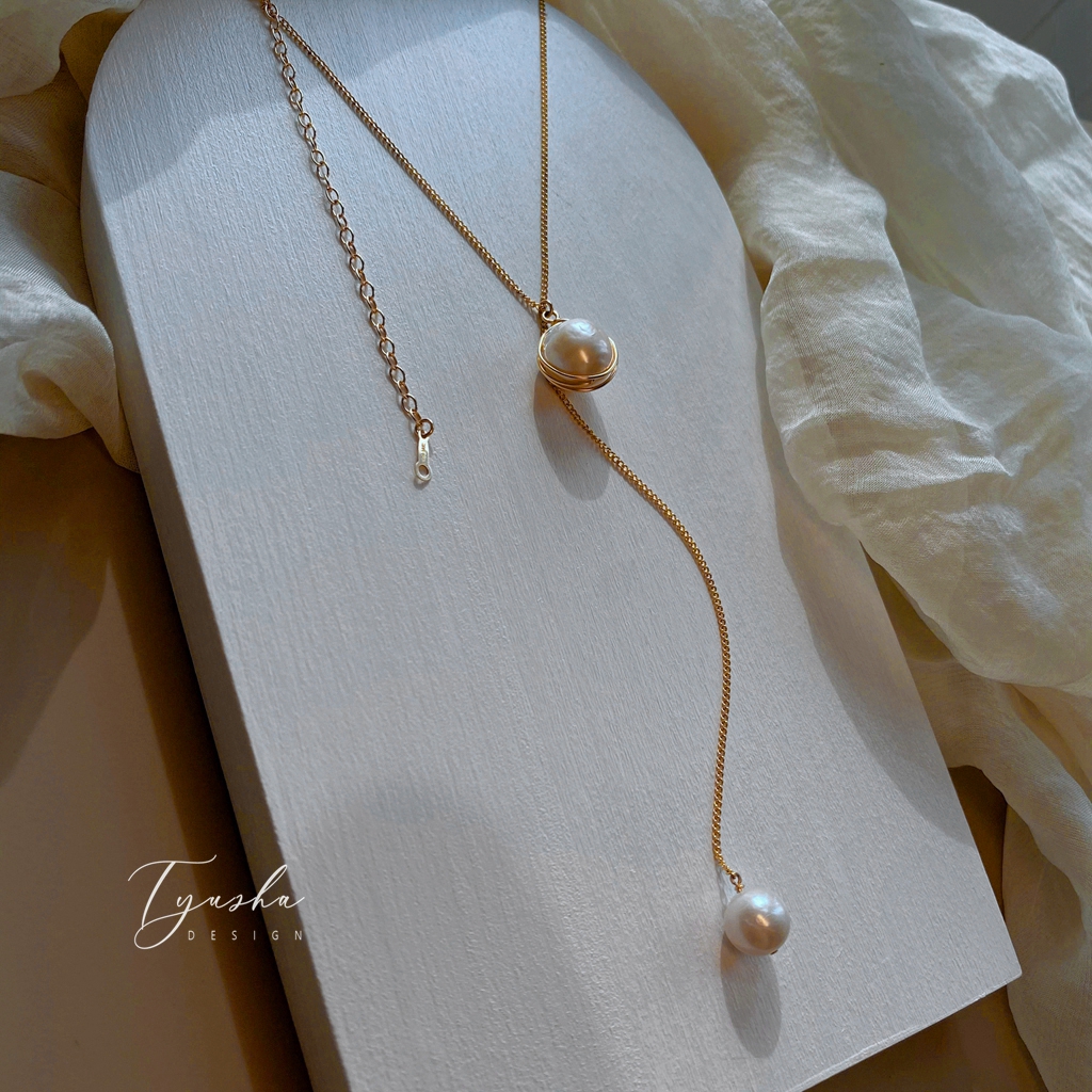 Tyusha精致慵懒中长款项链美国14K包金天然巴洛克珍珠项链毛衣链_虎窝淘