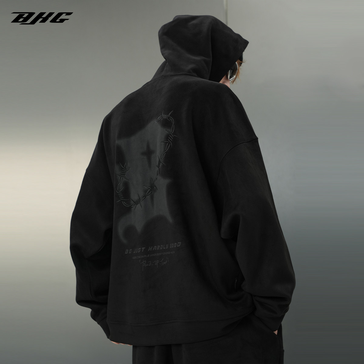 BJHG不计后果秋麂皮绒国潮oversize卫衣美式重磅男生情侣连帽外套_虎窝淘