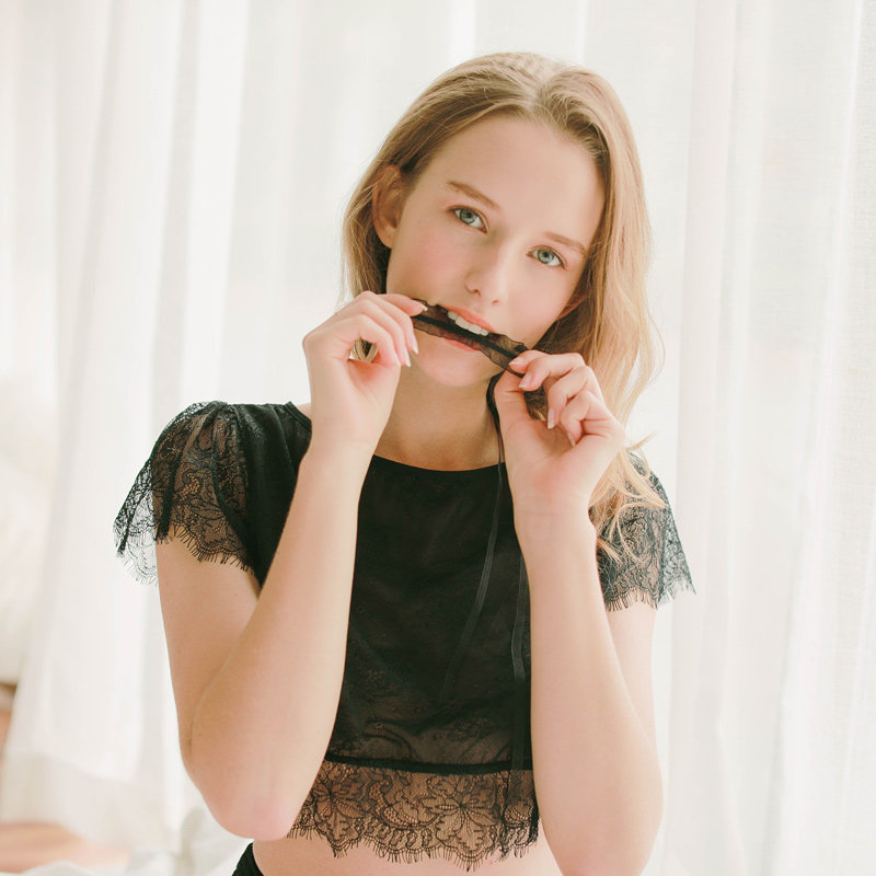 管阿姨同款秘密花园性感内衣套装B-048女短袖睫毛蕾丝睡衣_虎窝淘