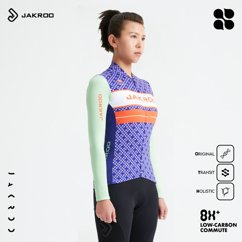 Jakroo捷酷春秋新款IND花轮女长袖骑行服修身公路山地自行车衣服_虎窝淘