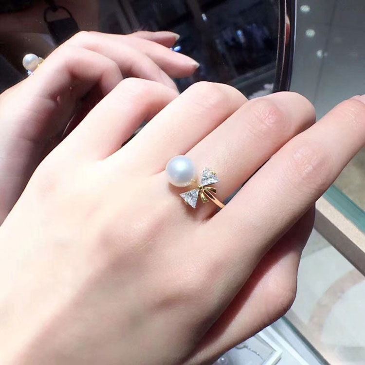 DIY珍珠配件 S925银可调节蝴蝶结戒指指环空托搭配7-8mm圆扁珠_虎窝淘