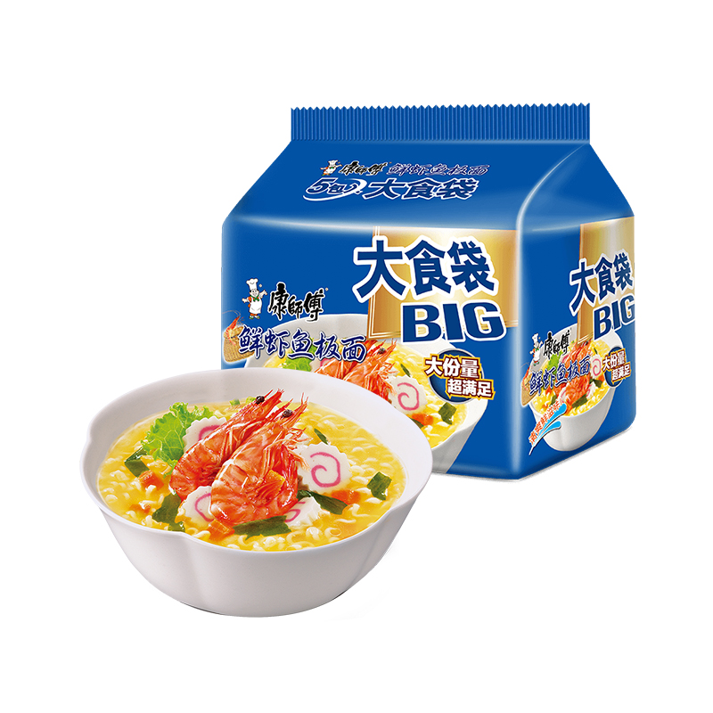 康师傅方便面大食袋鲜虾鱼板面120g*5袋装泡面速食面即食面_虎窝淘