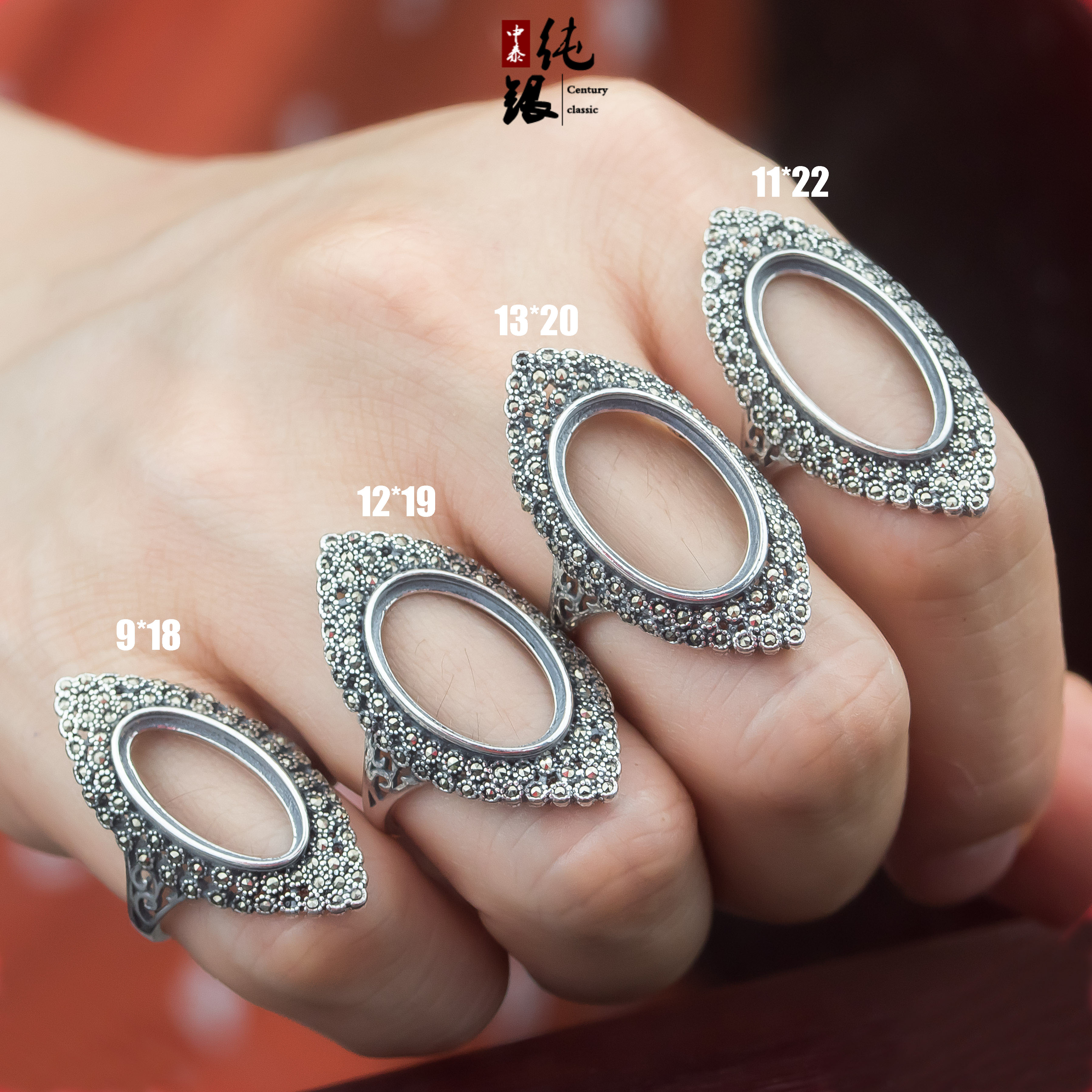 s925纯银黑矿石大气女王戒指托空托银托13*20 11*22 12*19 9*18_虎窝淘
