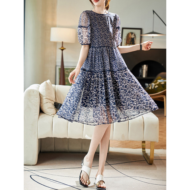 Baoshili round neck and two sides wearing printed short-sleeved dress ...