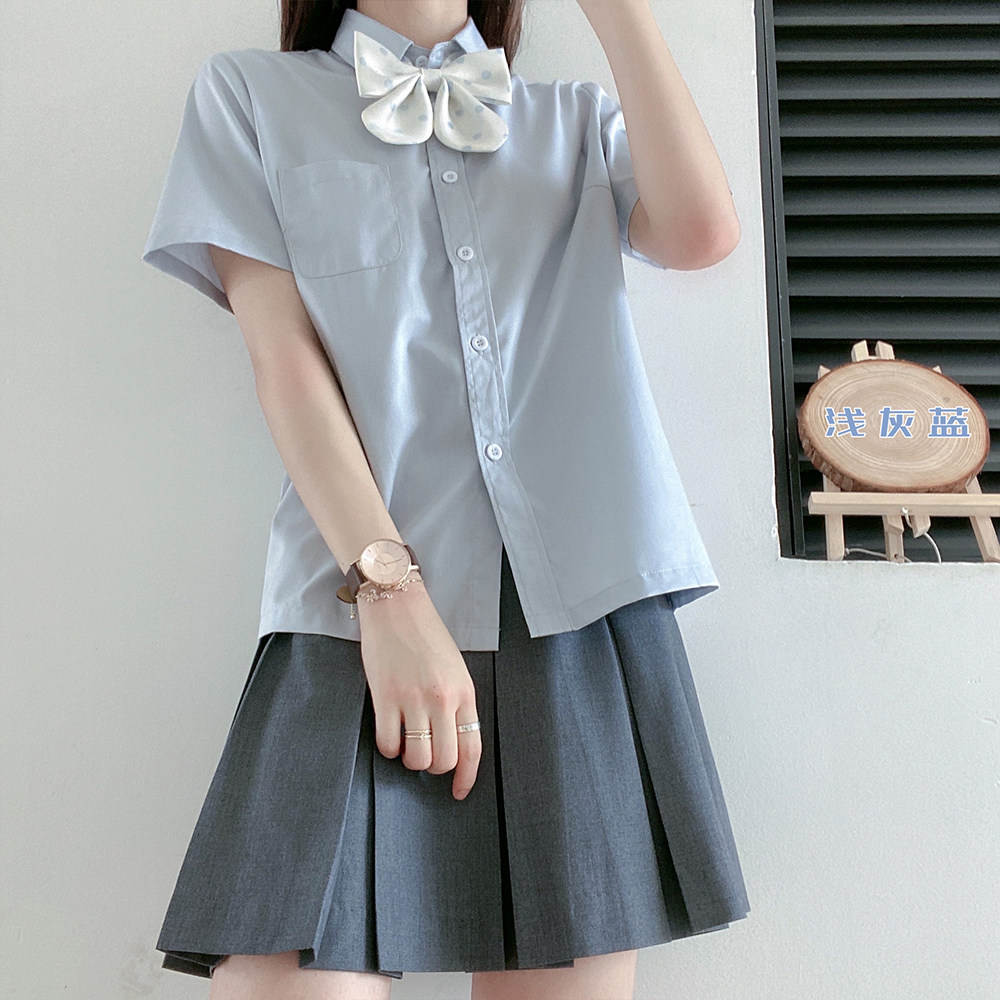 樱花家族jk【12多色衬衫】学生浅灰蓝方领长短袖上衣基础款女春秋_虎窝淘