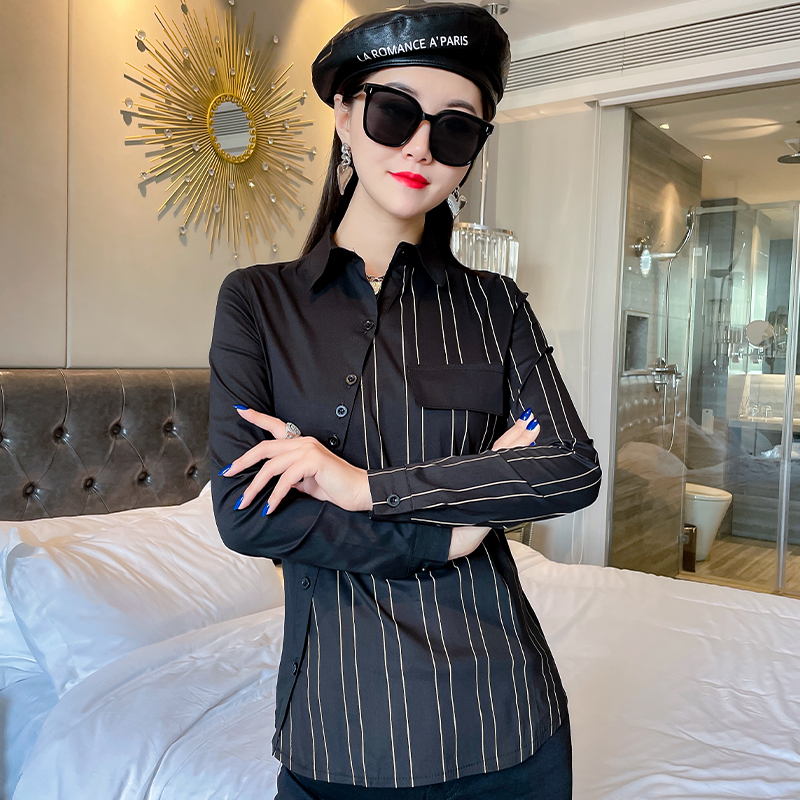 条纹衬衫女设计感小众2021秋冬新款修身显瘦韩版职业气质长袖衬衣_虎窝淘