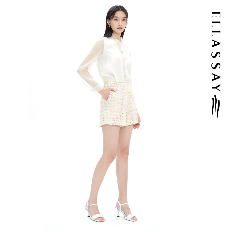 ELLASSAY歌力思春夏新款透感精致气质通勤约会荷叶领边白色衬衫女_虎窝淘