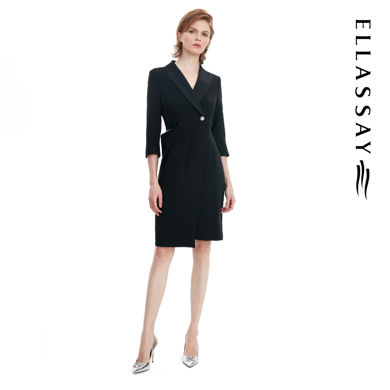 ELLASSAY歌力思2022春夏新款三醋酸抽褶西装连衣裙_虎窝淘