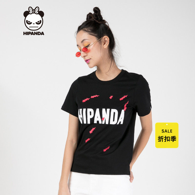 Hipanda你好熊猫设计潮牌女款休闲黑色英文印花圆领上衣短袖T恤_虎窝淘