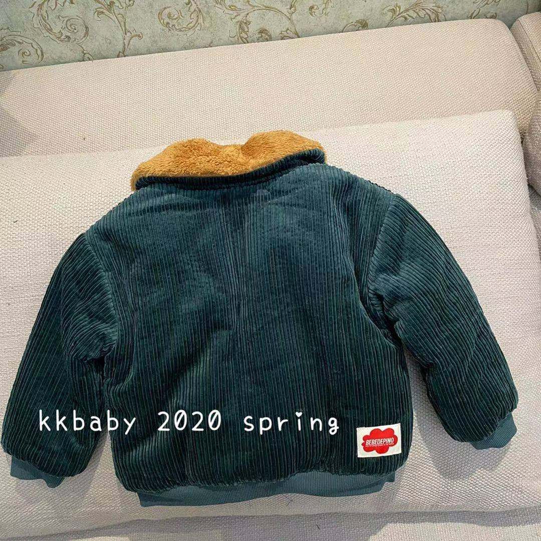 kkbaby韩国童装ins风冬男童女童绿色条绒羊羔毛翻领棉袄夹克外套_虎窝淘