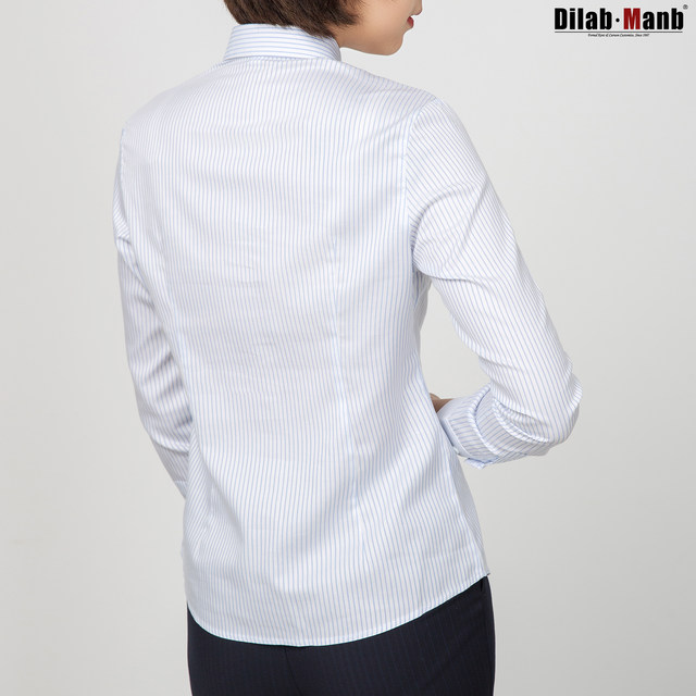 Dimeng no-iron shirt women's long-sleeved blue and white striped pure ...