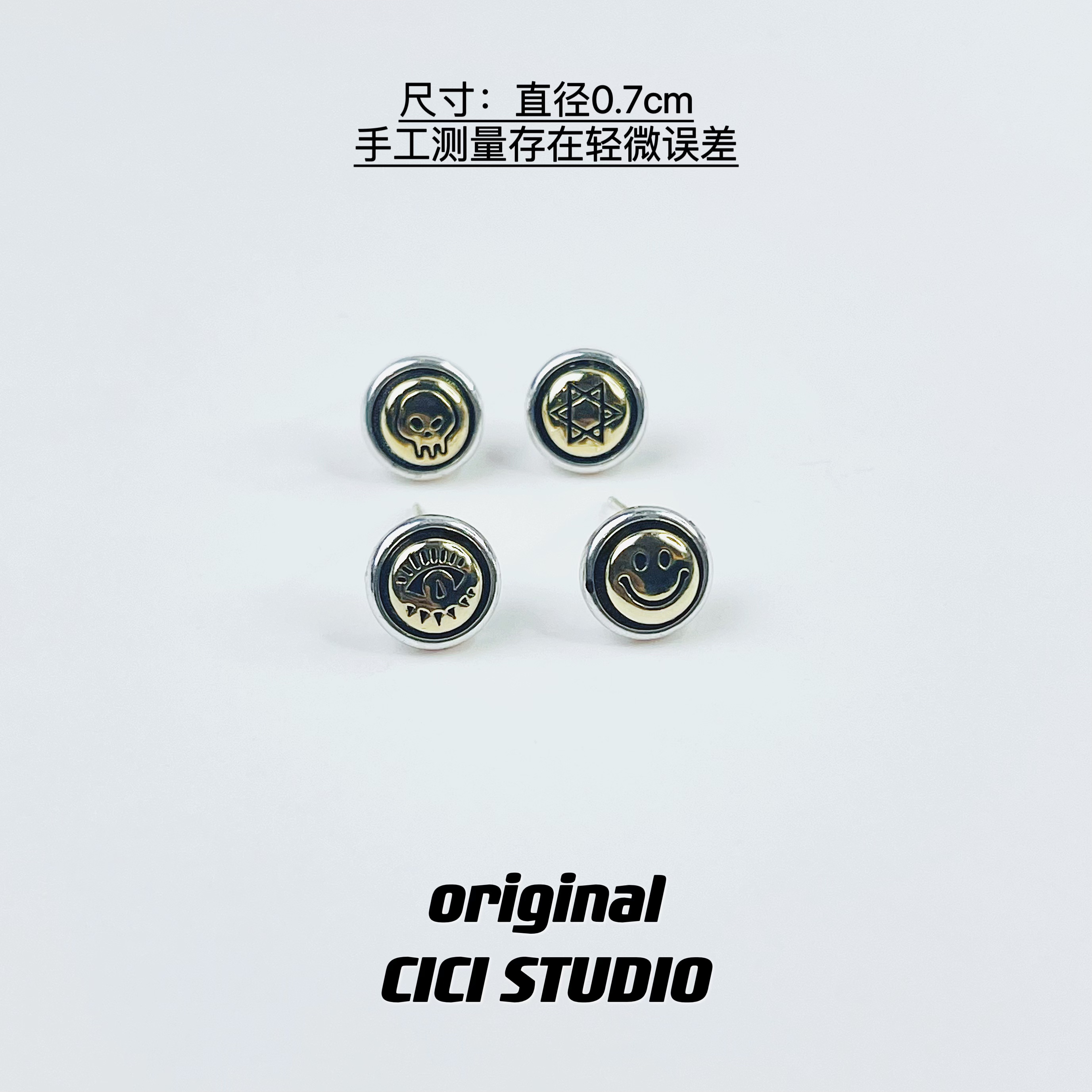 CICI无性别金银双色笑脸符恶魔之眼文古银工艺S925银针耳钉情侣_虎窝淘