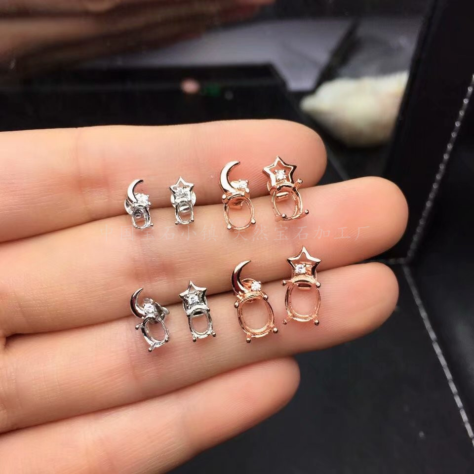 s925纯银椭圆3*4 4*5 5*6 6*7mm耳钉空托镶钳翡翠蛋面晶石简约_虎窝淘