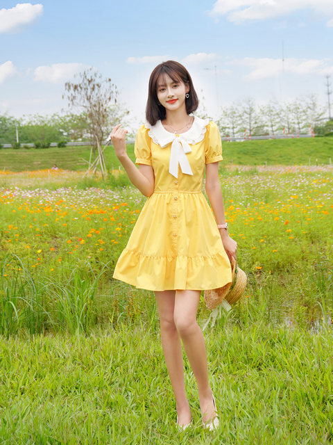 ATAR Lady Summer New Color Block Doll Collar Ruffle Short Sleeve Dress ...