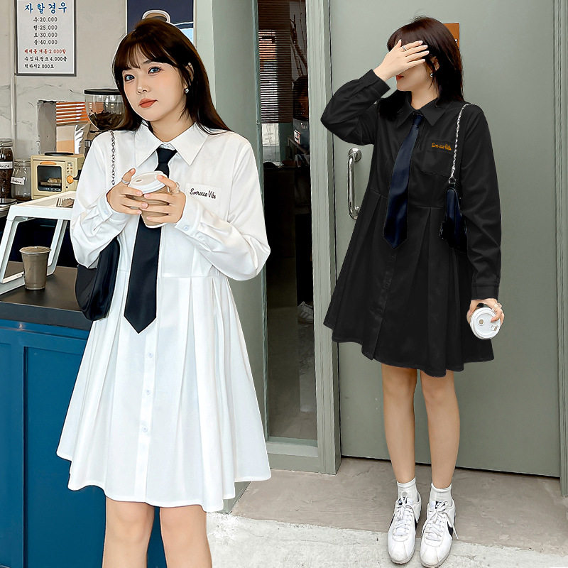Vaee大码女装连衣裙秋季韩版学院风胖mm衬衫裙子纯色长袖a字裙短_虎窝淘