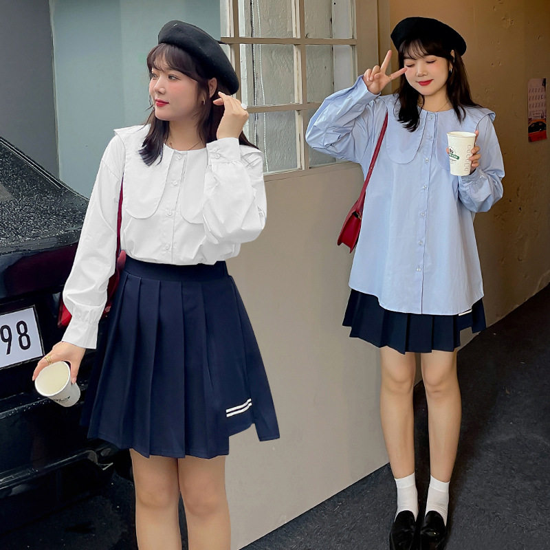 Vaee大码女装娃娃领衬衫上衣女秋季新款学院风胖妹妹宽松显瘦衬衣_虎窝淘