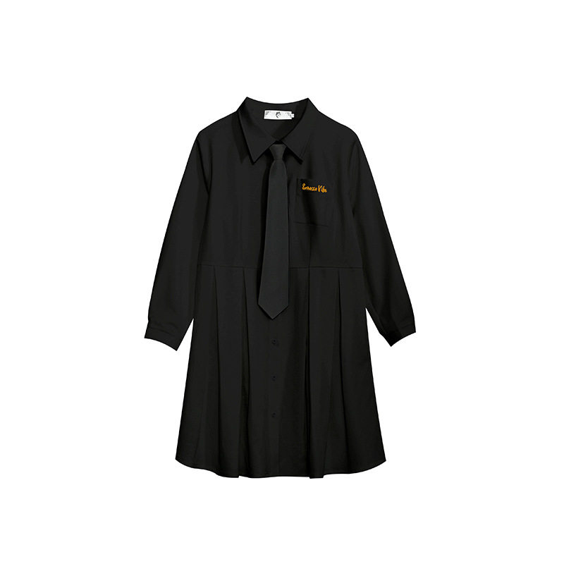 Vaee大码女装连衣裙秋季韩版学院风胖mm衬衫裙子纯色长袖a字裙短_虎窝淘