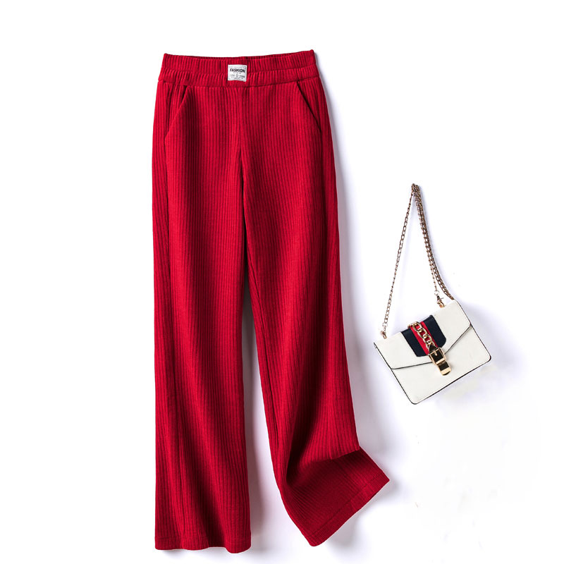红色条绒窄版阔腿裤女高腰坠感灯芯绒宽腿裤子秋冬休闲宽松直筒裤_虎窝淘