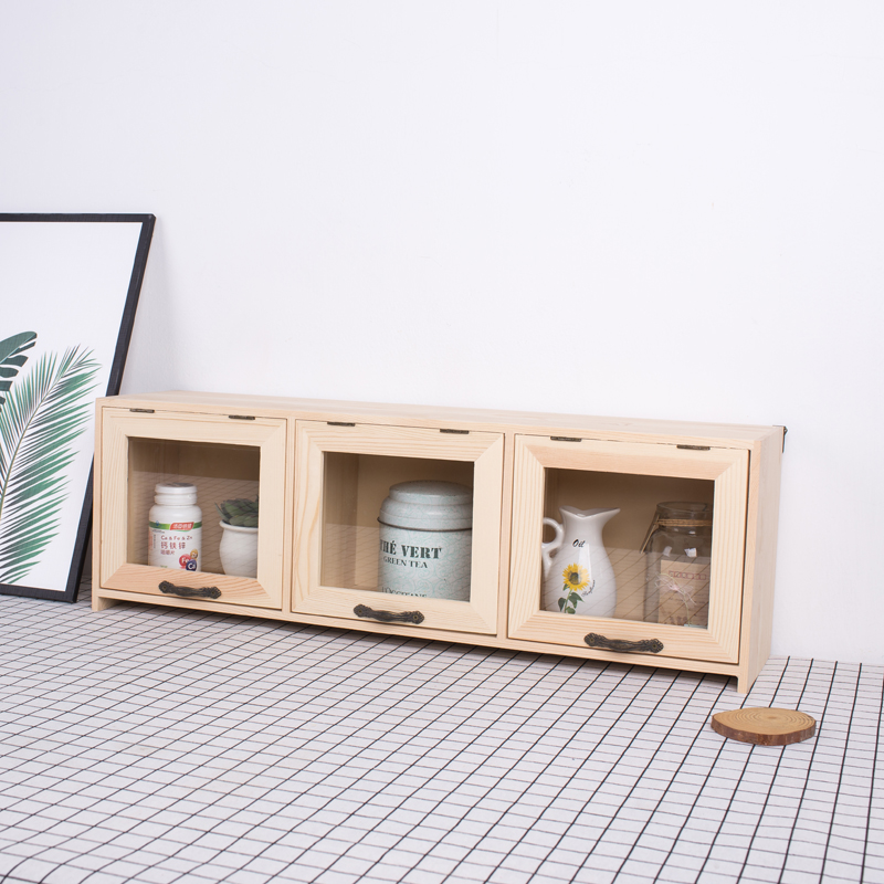 zakka实木收纳柜复古桌面储物整理柜可壁挂墙收纳盒三格玻璃门架_虎窝淘