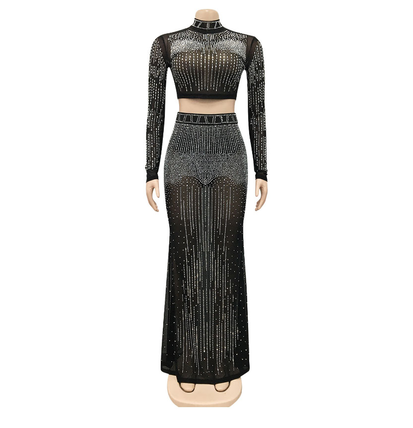 Party protagonist studded Diamonds mesh two-piece dress new_虎窝淘