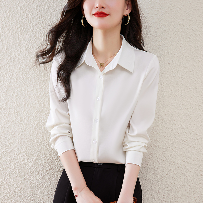 高端真丝衬衫女春秋气质职业长袖高级感缎面衬衣抗皱免烫正装上衣_虎窝淘