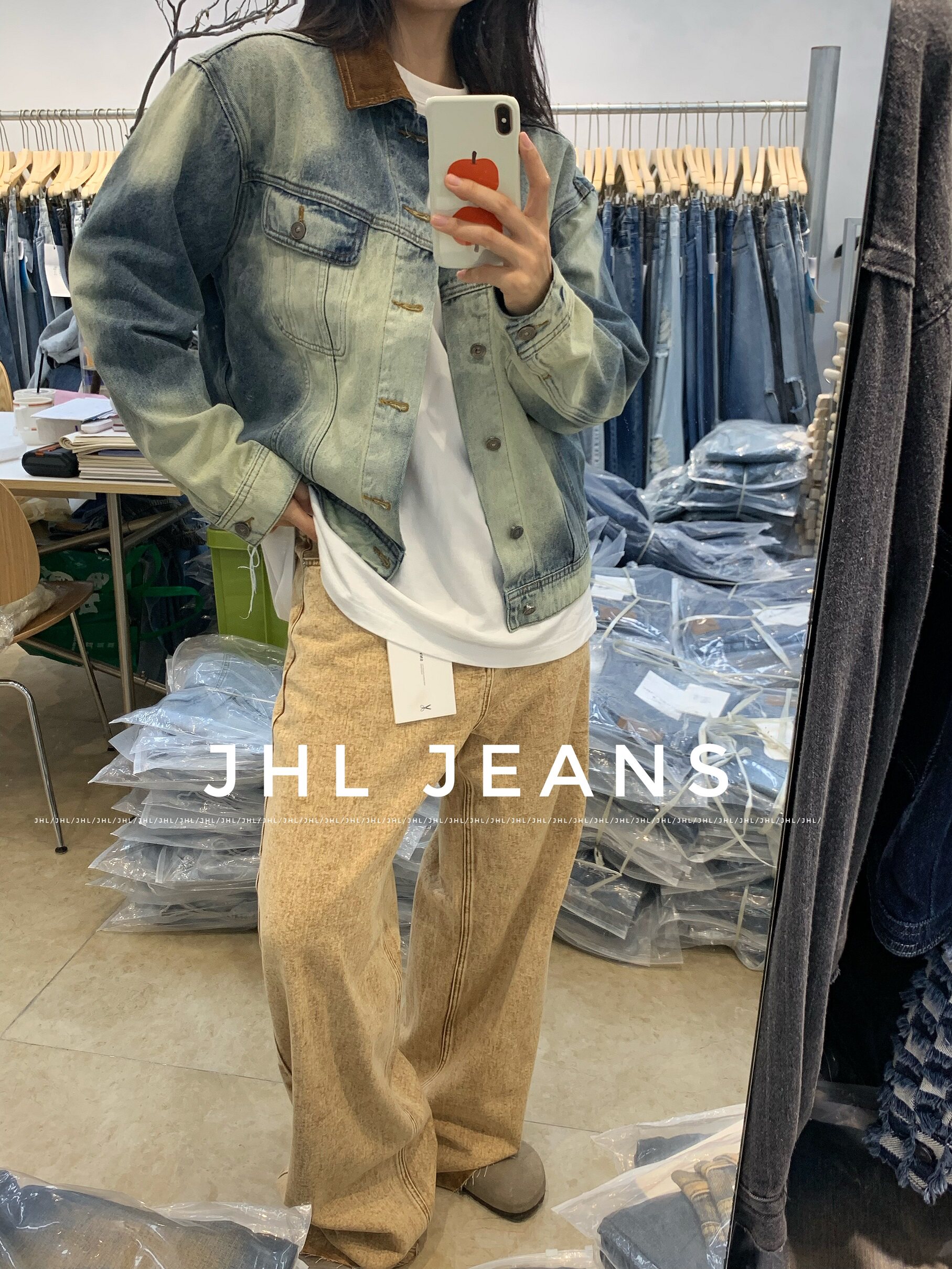 JHL JEANS新品自制撞色灯芯绒拼接怀旧复古洗水牛仔夹克外套男女_虎窝淘