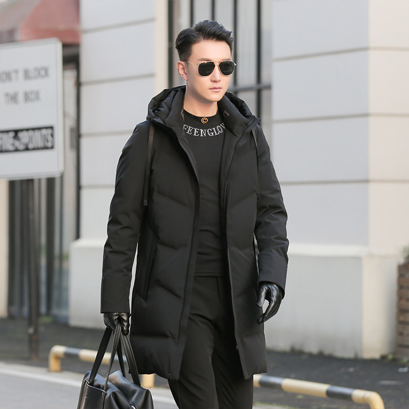 高个子冬季中长款黑色羽绒服青年男加长衣袖直筒修身白鸭绒服2076_虎窝淘