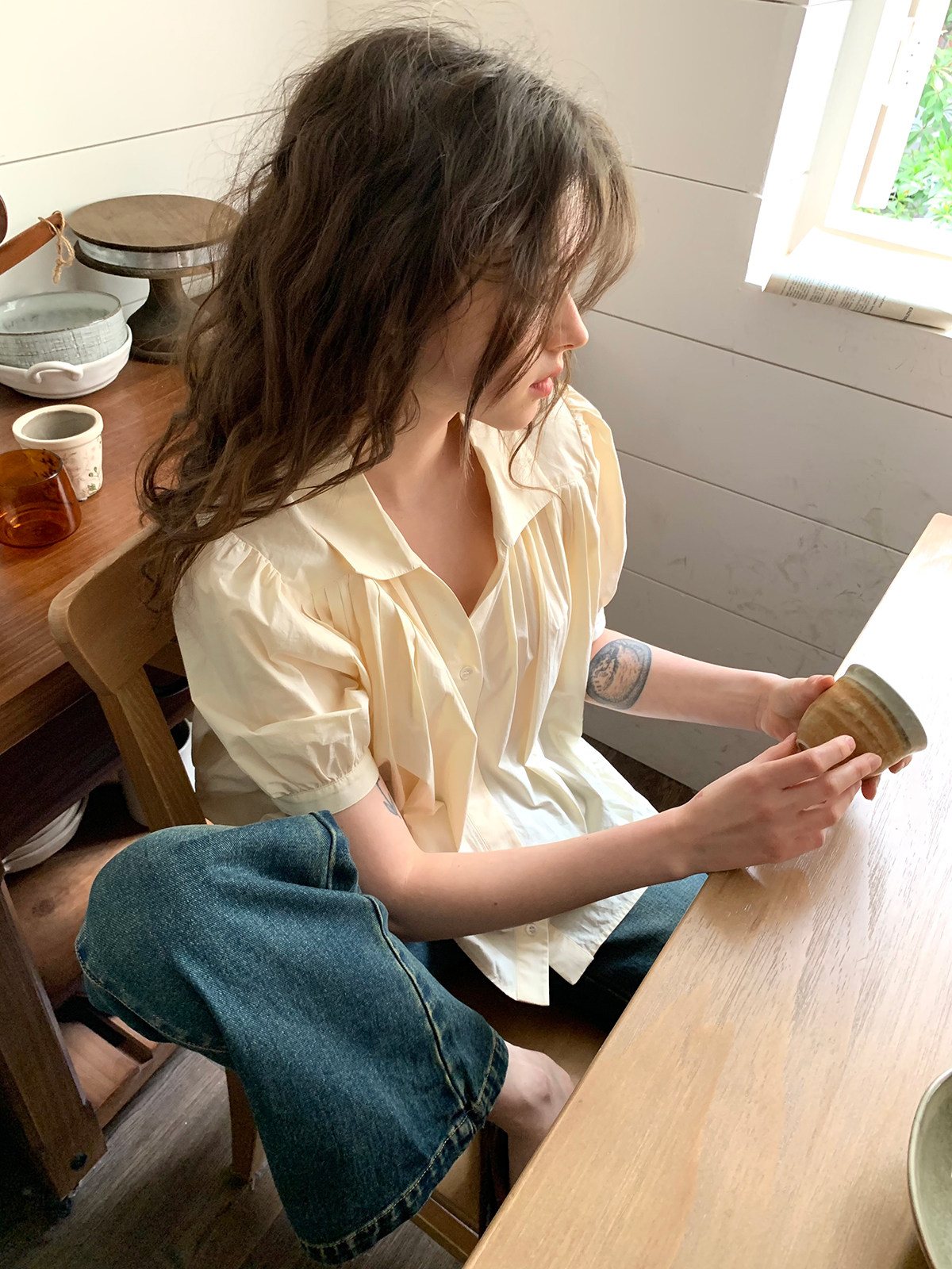 KERNEL COSMOS 23SS法式chic甜美翻领排褶宽松纯棉短袖衬衫_虎窝淘