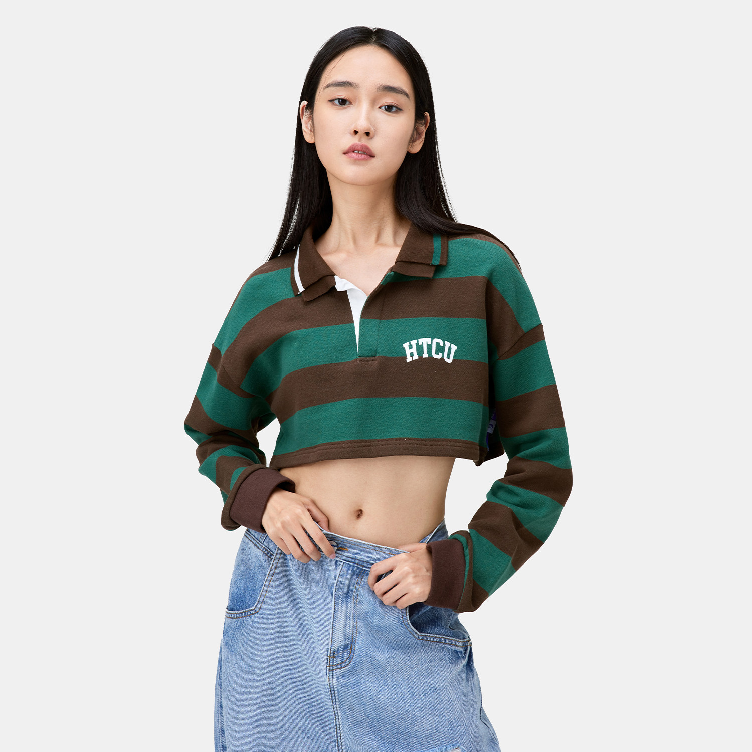 HTCU三色条纹字母印花短款POLO衫学院辣妹风百搭高级感长袖上衣女_虎窝淘
